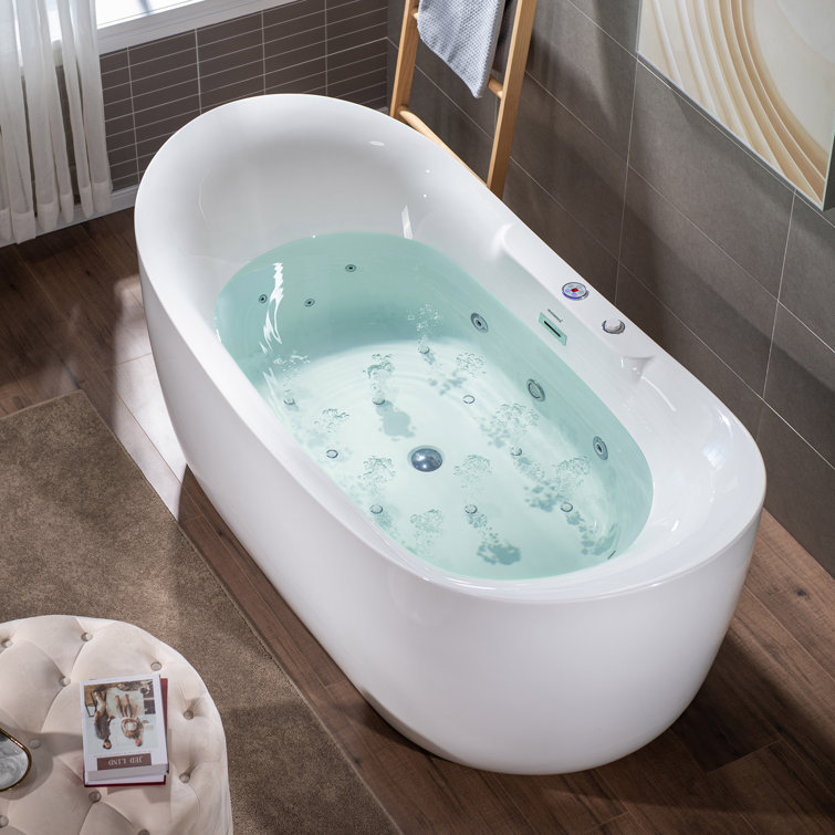 WoodBridge 72" Whirlpool Water Jetted & Air Bubble Freestanding Heated Soaking Bathtub with LED ...
